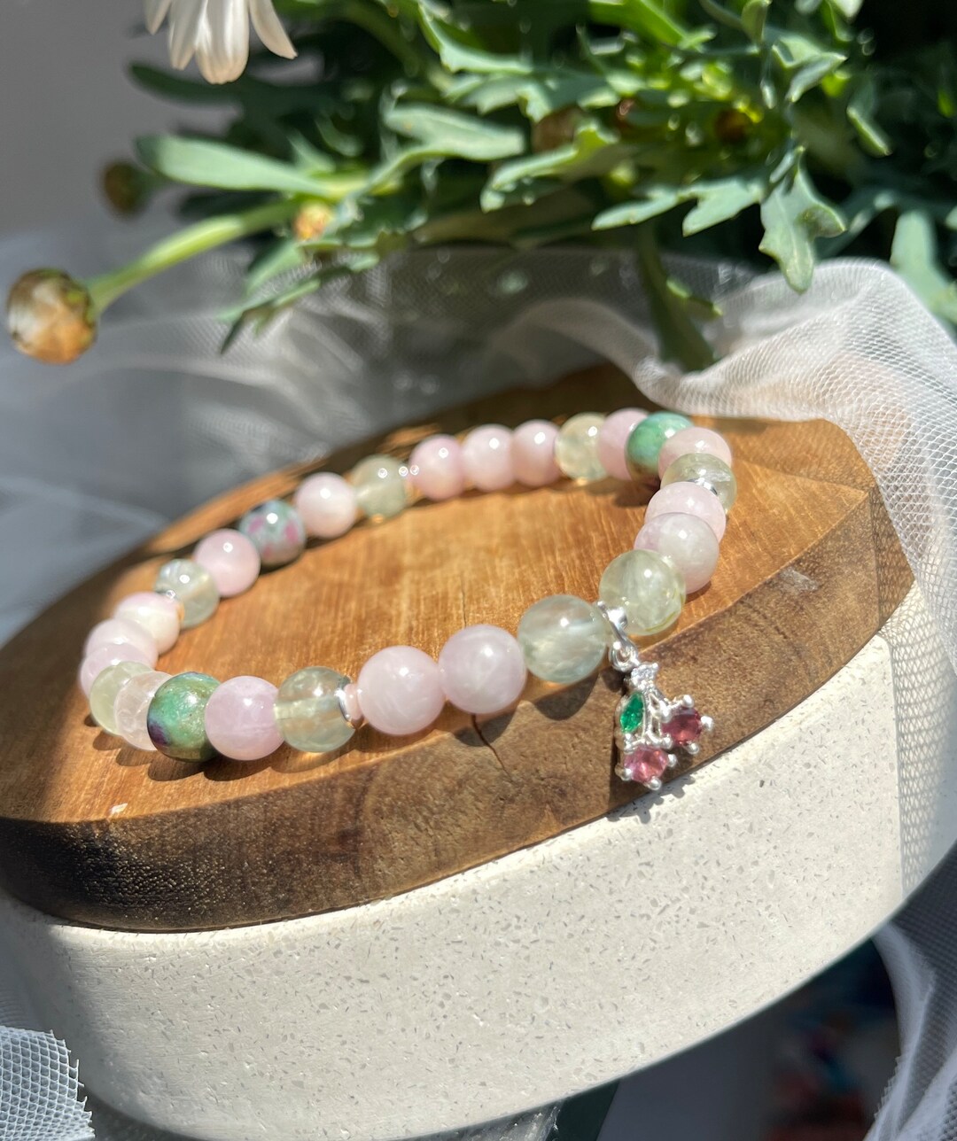 Natural Pink Kunzite, Green Prehnite and Ruby in Zoisite 6-7 Mm Beaded ...