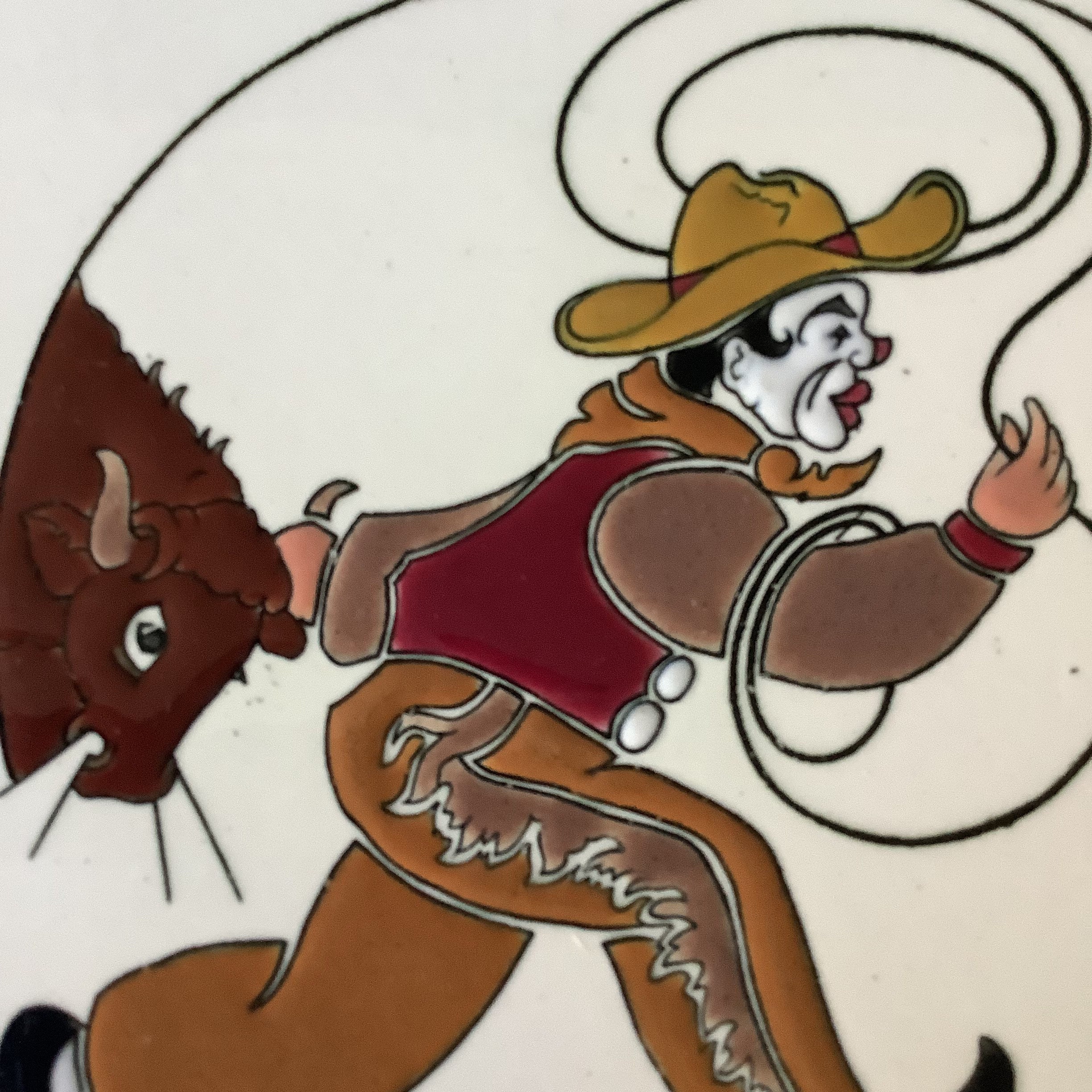 Art Deco Tile Trivet of a Rodeo Cowboy Clown With a Lasso and Pulling a ...