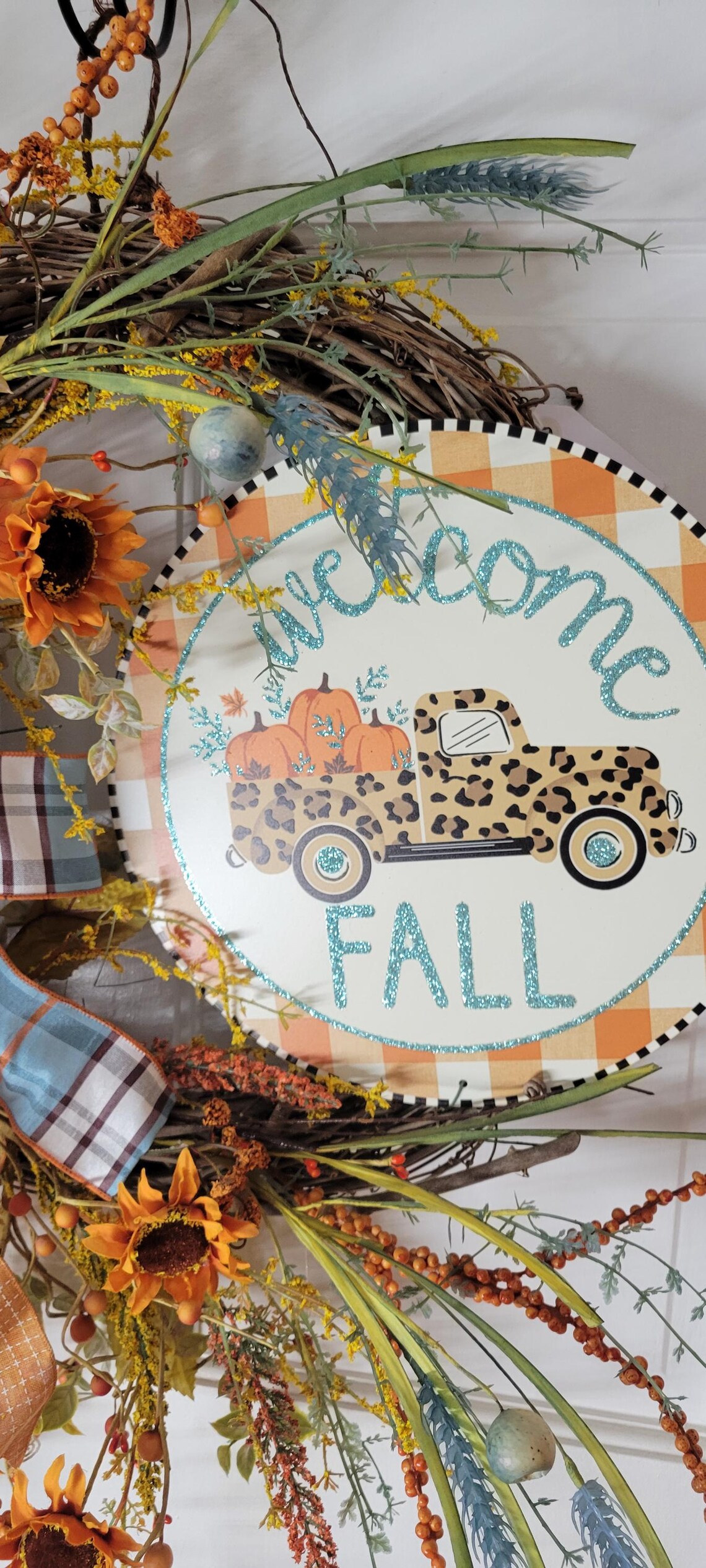 Welcome Home Fall Wreath, Fall Leopard Truck Welcome Home.whimsical ...