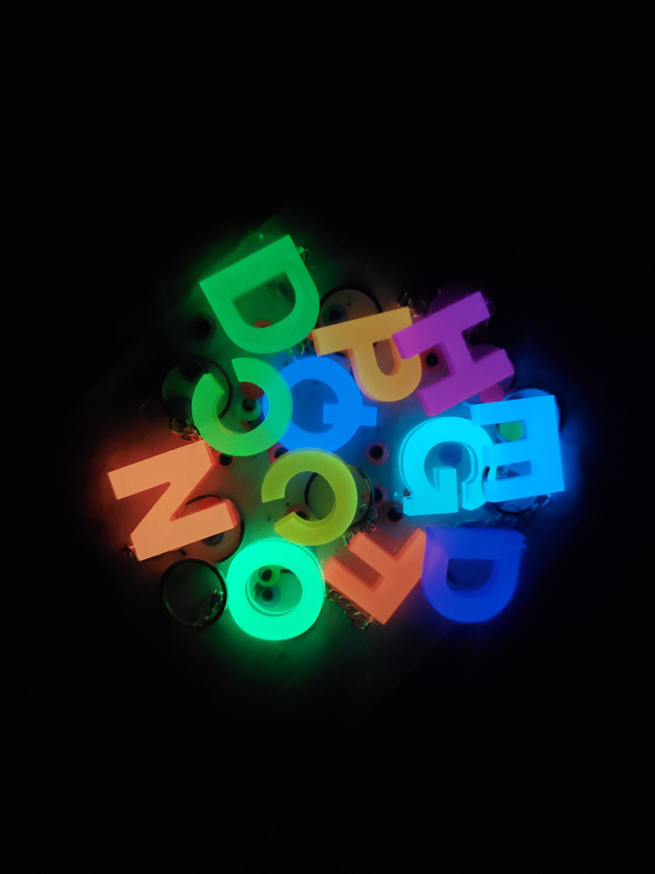 Neon Keychain Glow in the Dark Letter Keychain Resin Letter Black Light ...