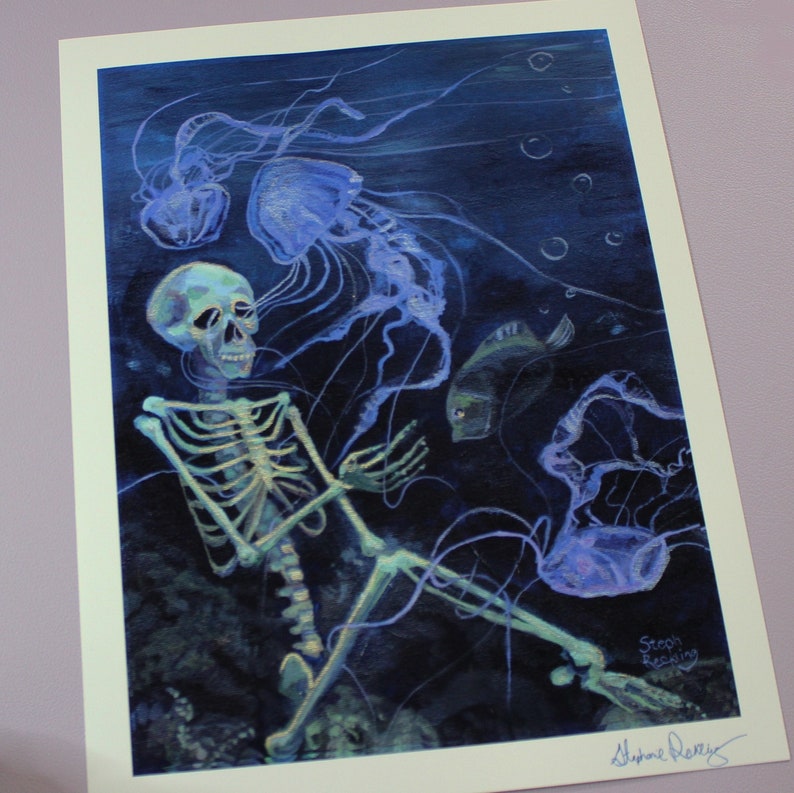 Signed Print Underwater Skeleton Scene/jellyfish/fish/deep Sea ...