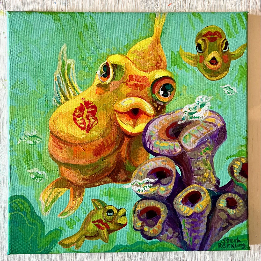 Original Acrylic Painting / Kissy Fish Coral Silly Painting on Canvas ...