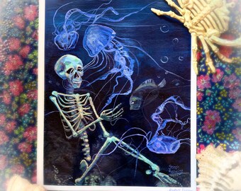 Signed Print Underwater Skeleton Scene/jellyfish/fish/deep Sea ...