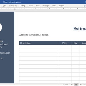 Estimate Template Microsoft Word/excel. Contractor Estimate. Job ...