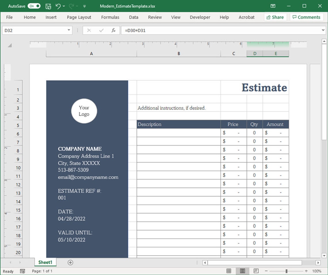 Estimate Template Microsoft Word/excel. Contractor Estimate. Job ...