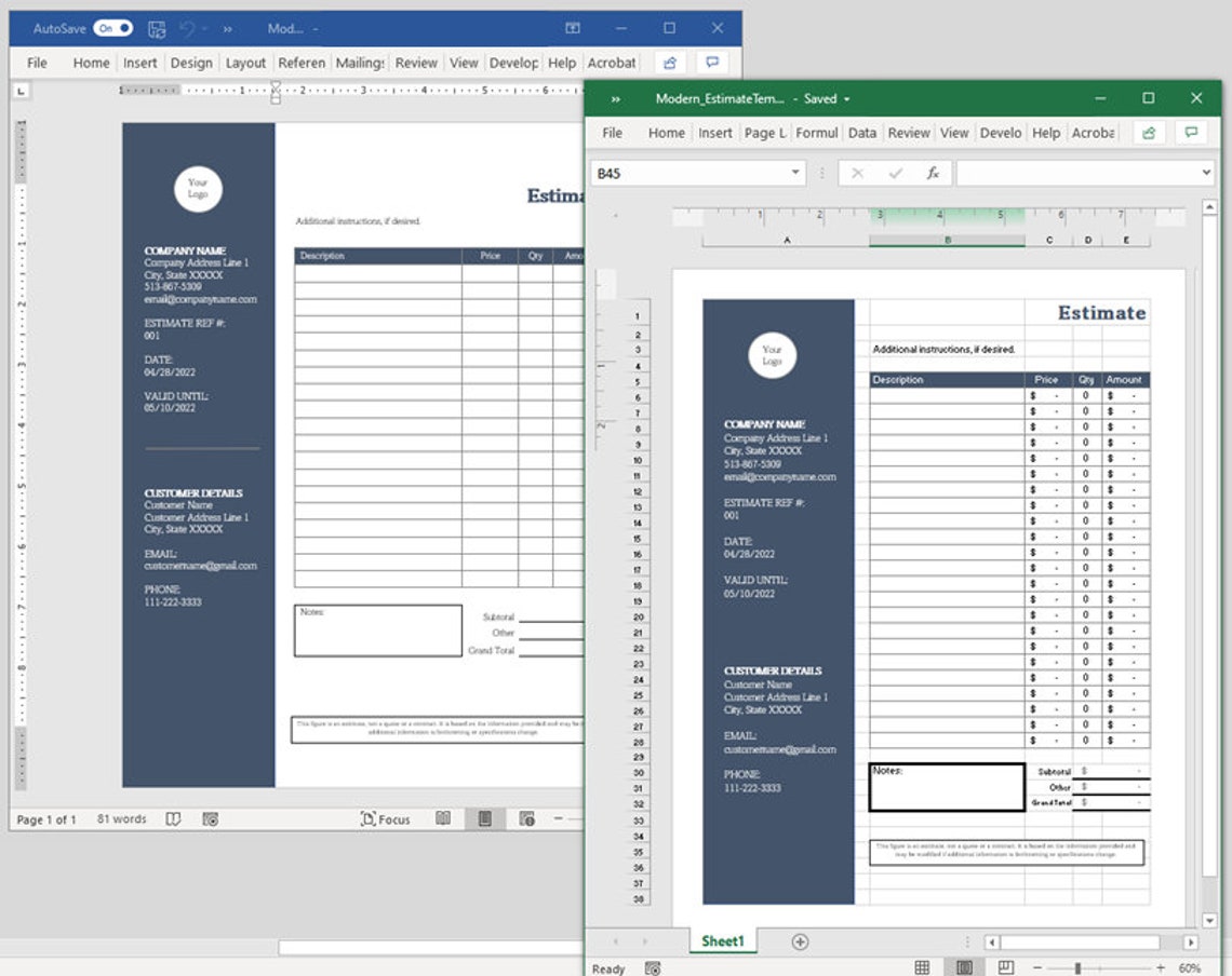 Estimate Template Microsoft Word/excel. Contractor Estimate. Job ...