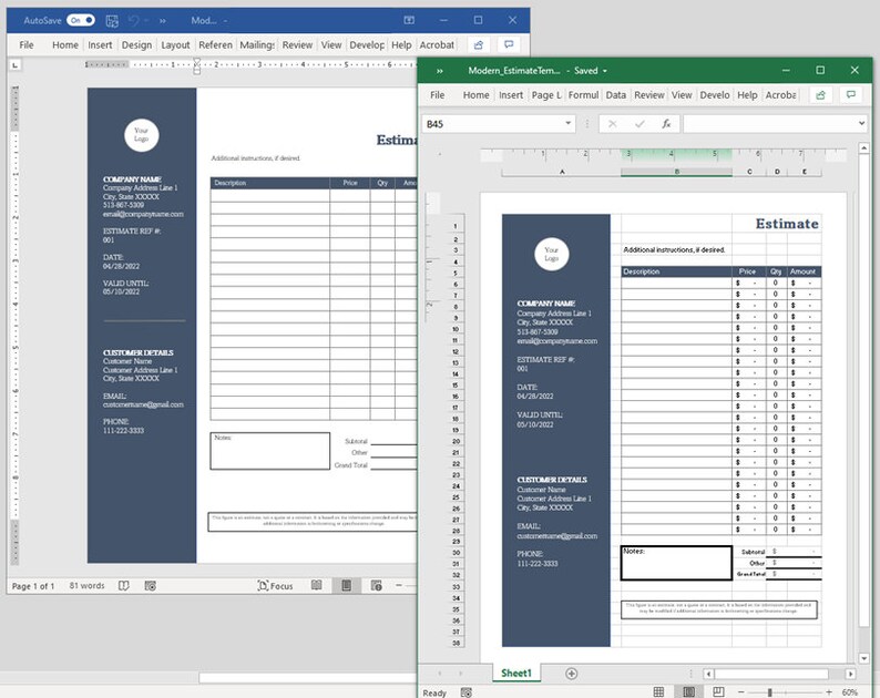 Estimate Template Microsoft Word/excel. Contractor Estimate. Job ...