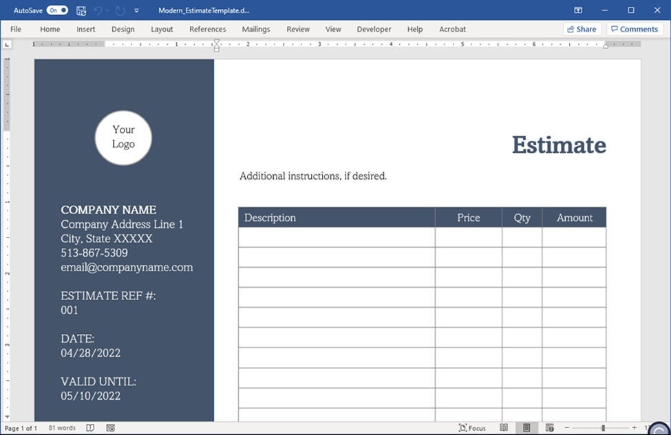 Estimate Template Microsoft Word/excel. Contractor Estimate. Job ...