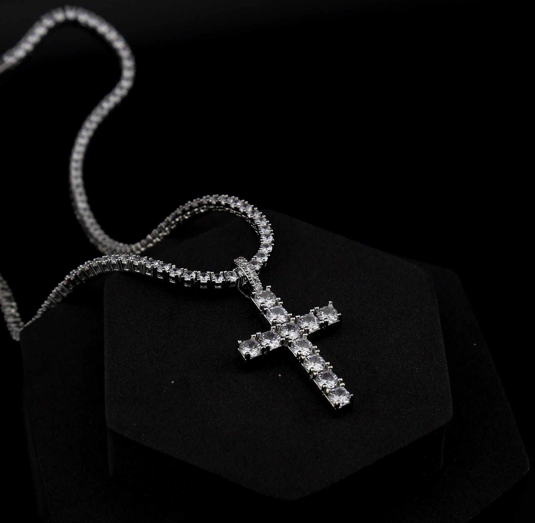 Iced Diamond Cross Pendant Necklace With Diamond Tennis Chain Men s Hip Hop Jewelry LIFETIME WARRANTY Etsy