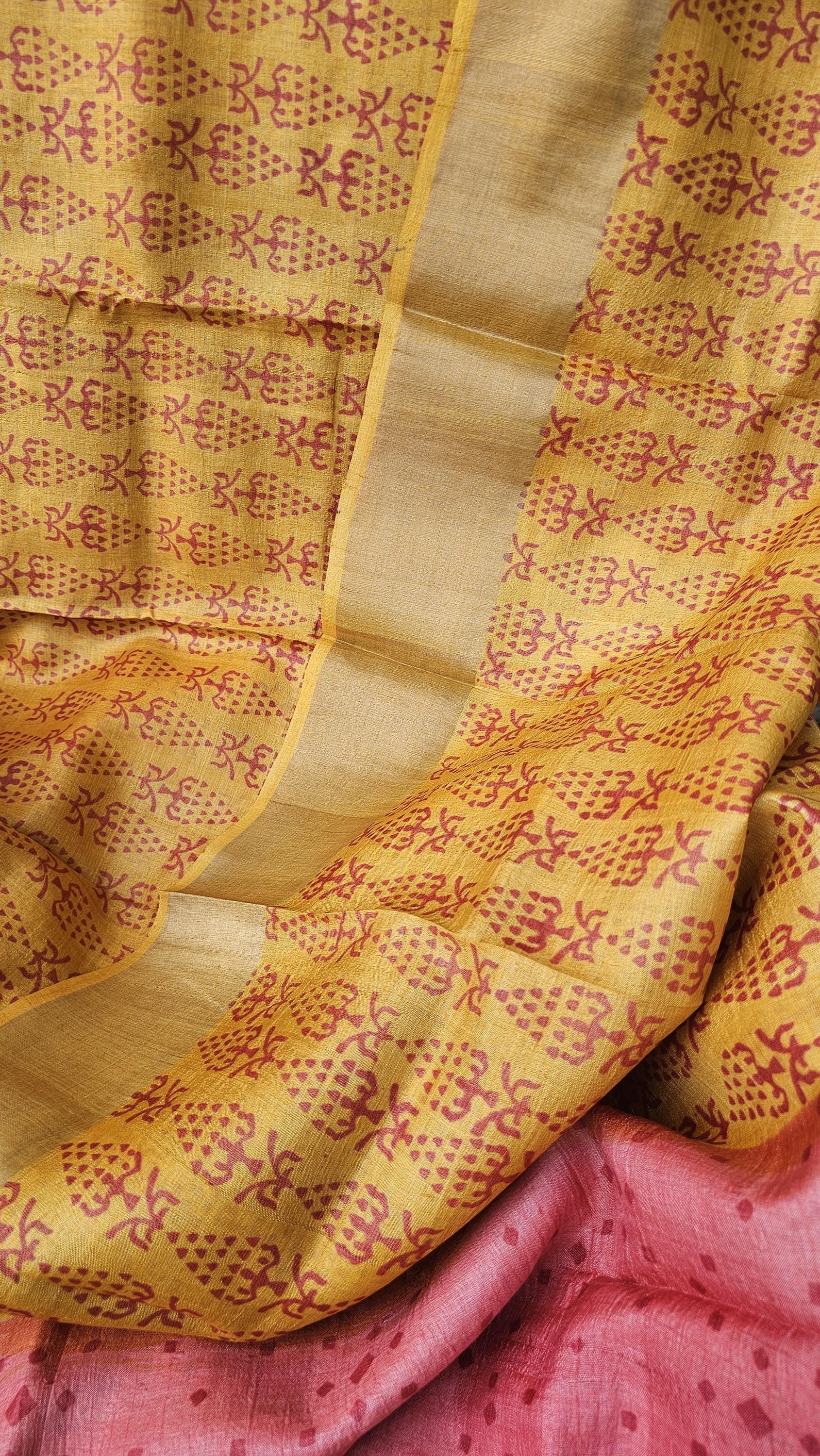 Gorgeous Yellow and Pink Tussar Silk With Printed Blouse and Zari ...