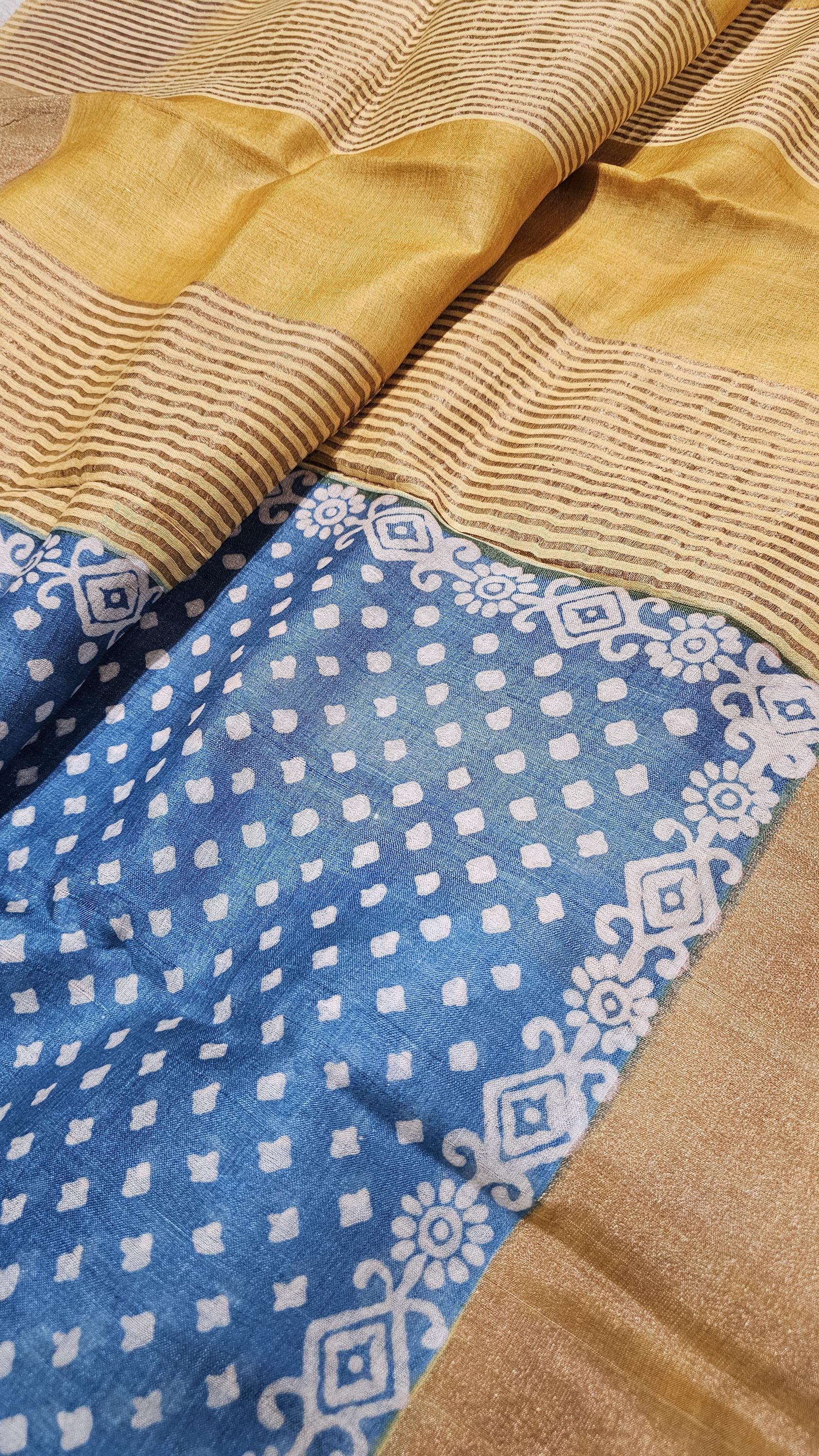 Beautiful Printed Blue and Yellow Certified Silk Saree - Etsy