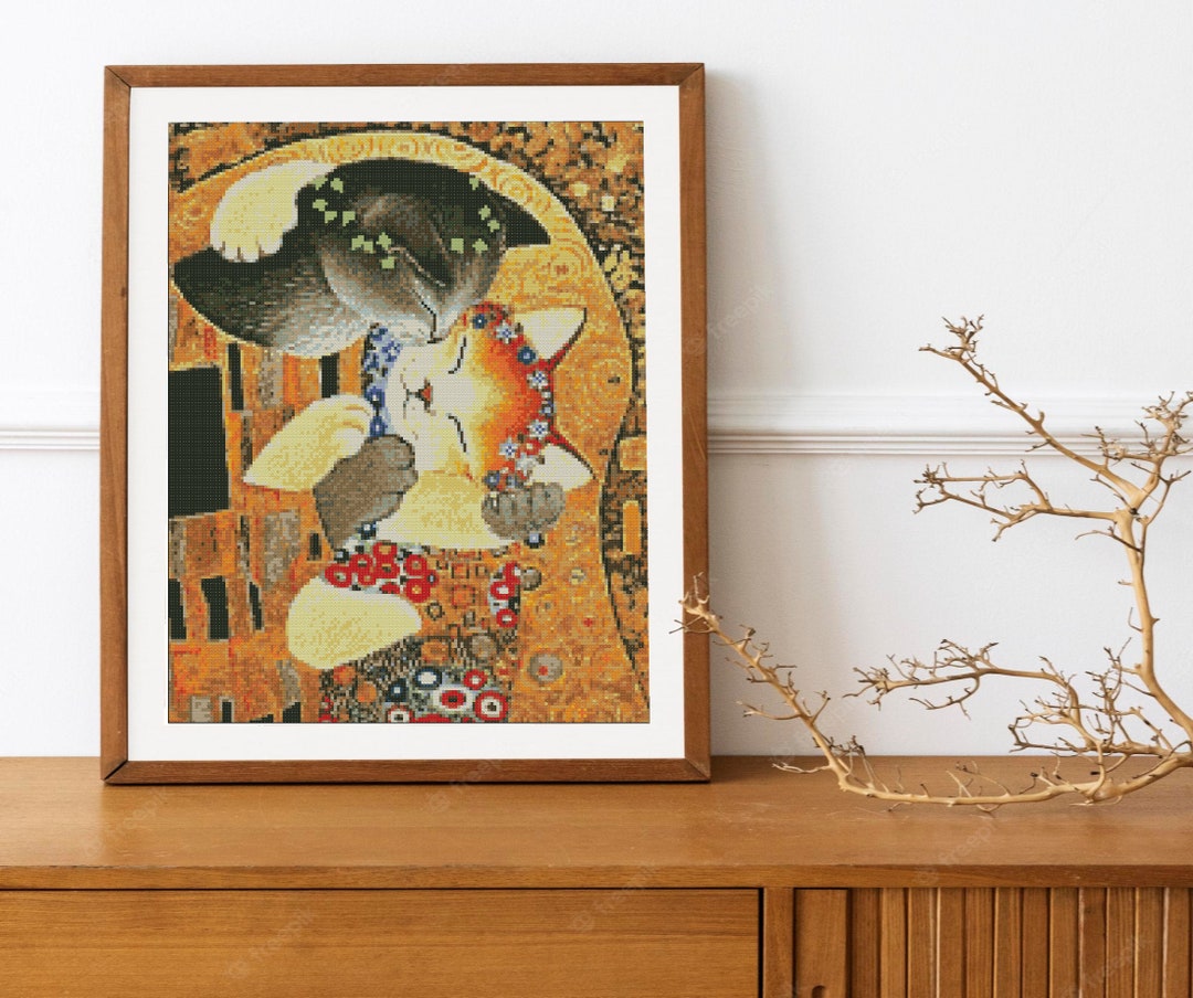 Gustav Klimt Kiss Cat Cross Stitch Pattern DMC Chart Two Color ...
