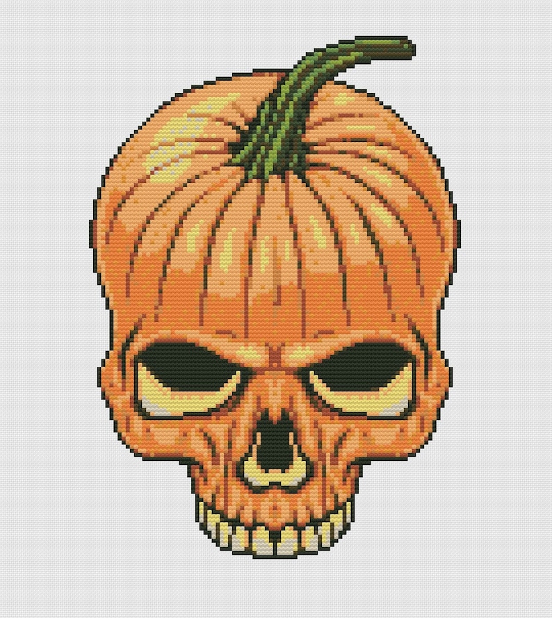 Pumpkin Skull Cross Stitch Pattern DMC Chart Two Color Variations ...