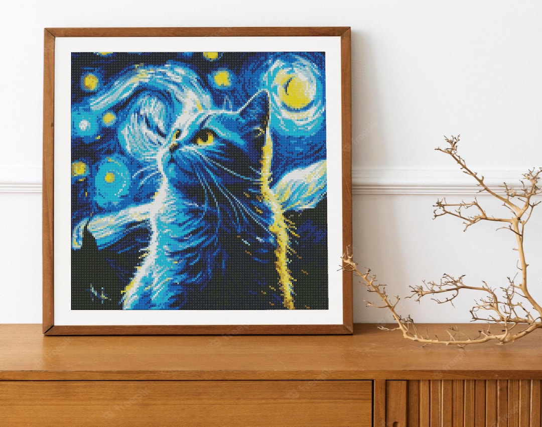 Van Gogh Starry Night Cat Cross Stitch Pattern DMC Chart Two Color ...