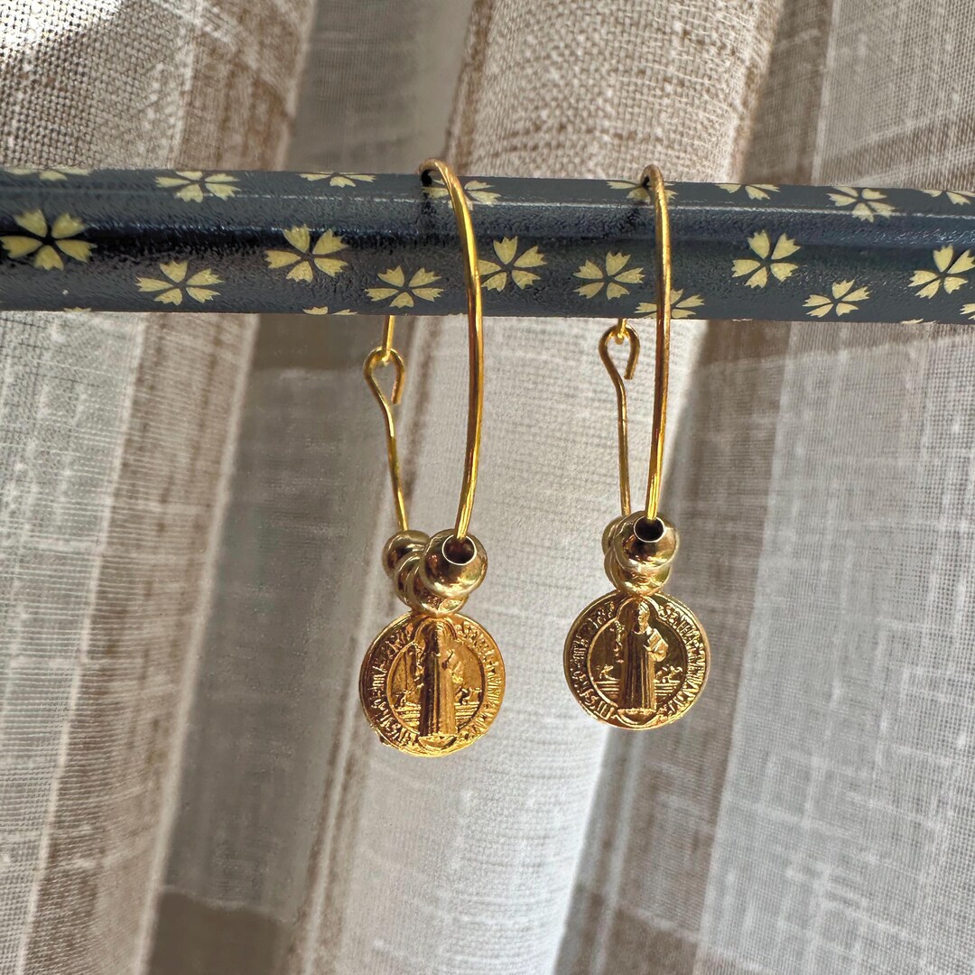Gold Saint Benedict Medal Hoop Earrings, Catholic Jewelry, Christian ...