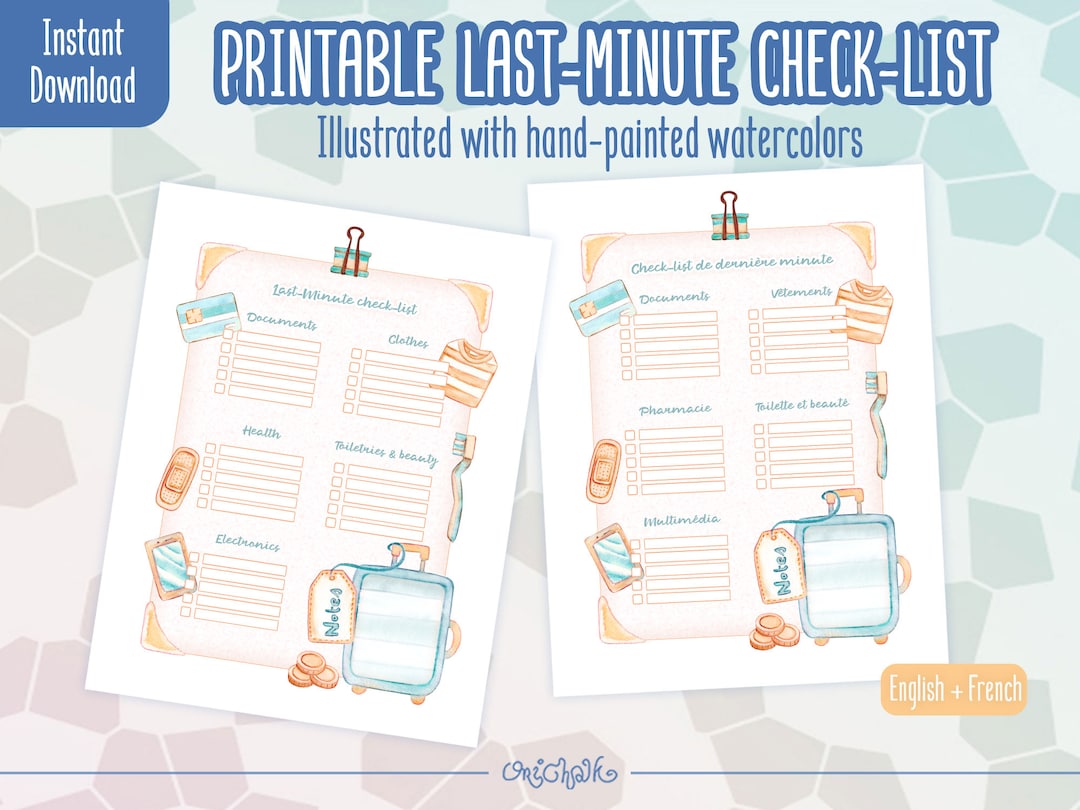 Printable Last-minute Checklist Travel Packing List Hand-painted ...