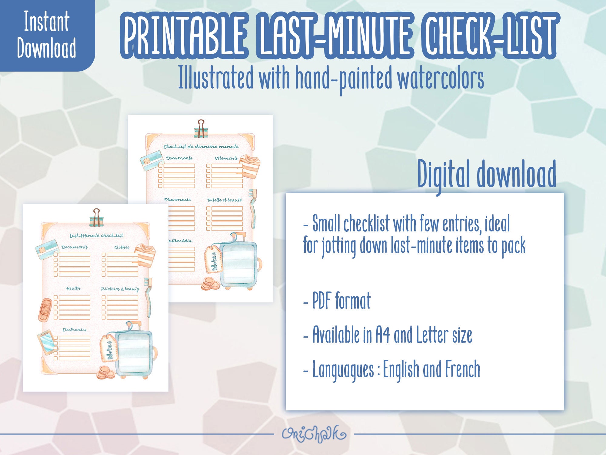 Printable Last-minute Checklist Travel Packing List Hand-painted ...