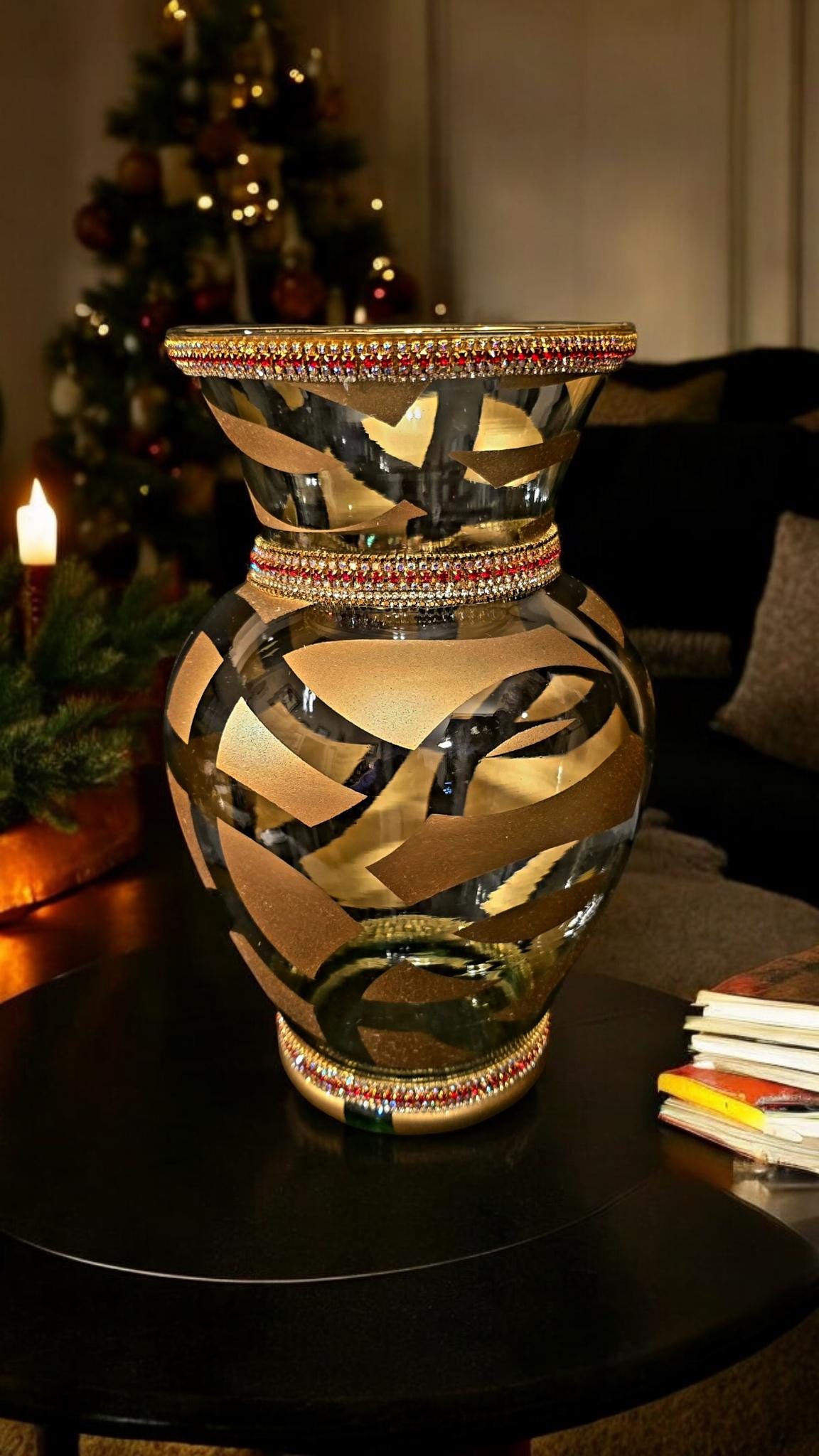 Hand-painted Glass Vase Gem Stand Set: Holiday Flameless Candle Holder ...
