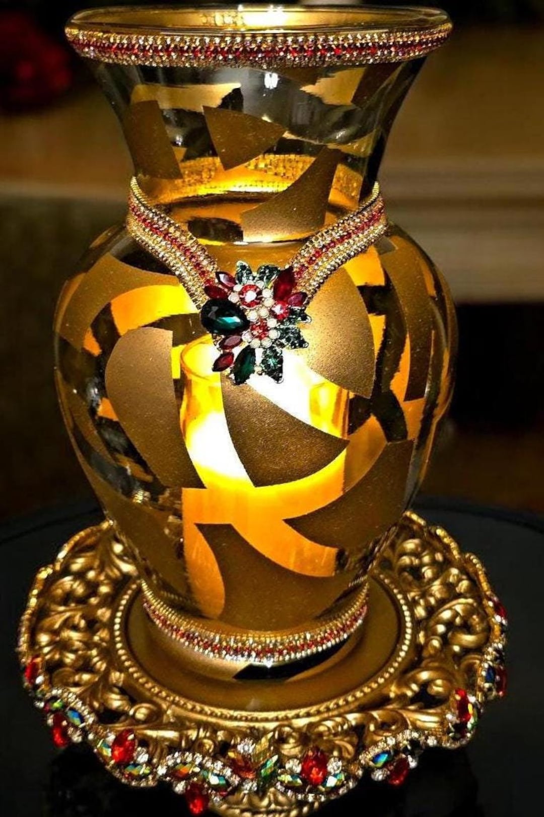 Hand-painted Glass Vase Gem Stand Set: Holiday Flameless Candle Holder ...
