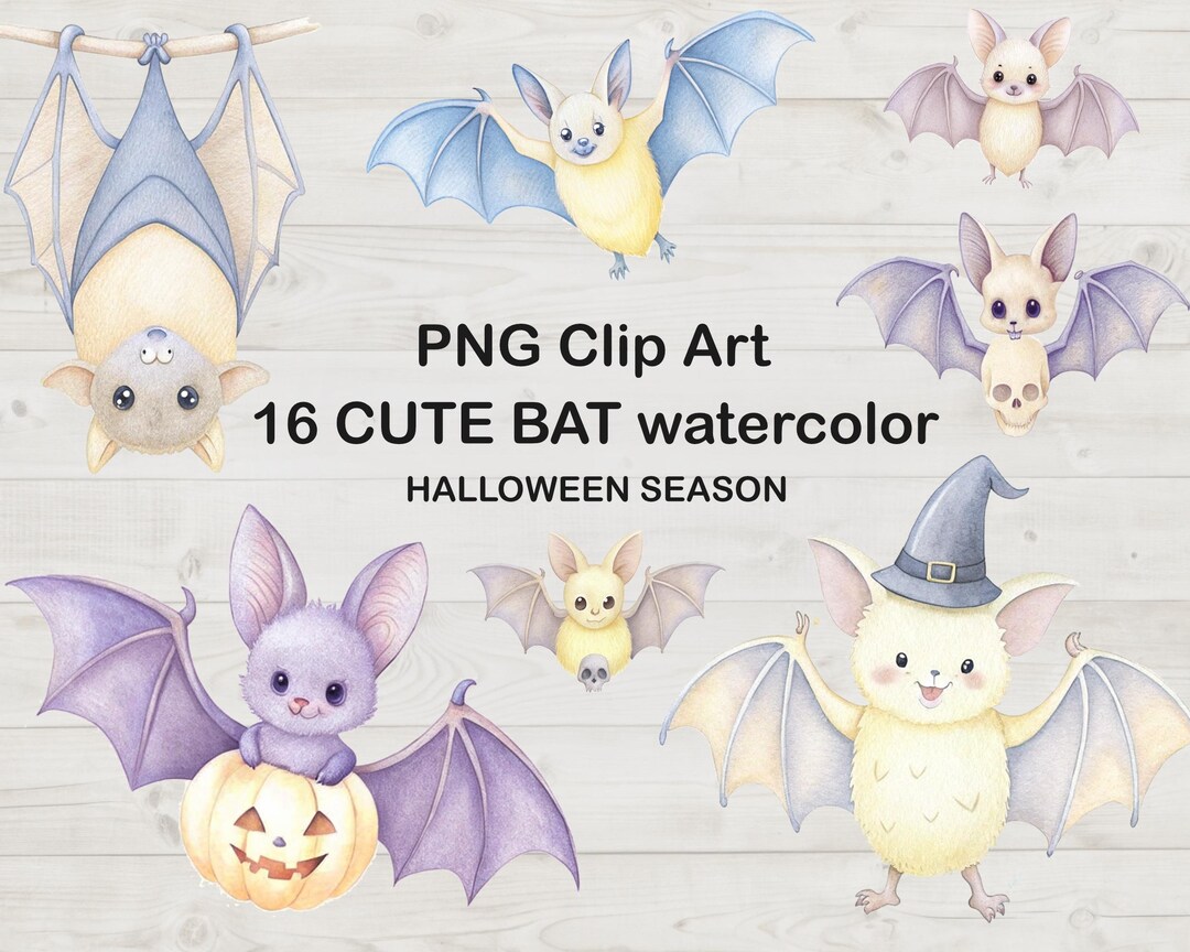 Watercolor Cute Bat Clip Art, 16 Cute Bat Clip Art, Halloween PNG ...