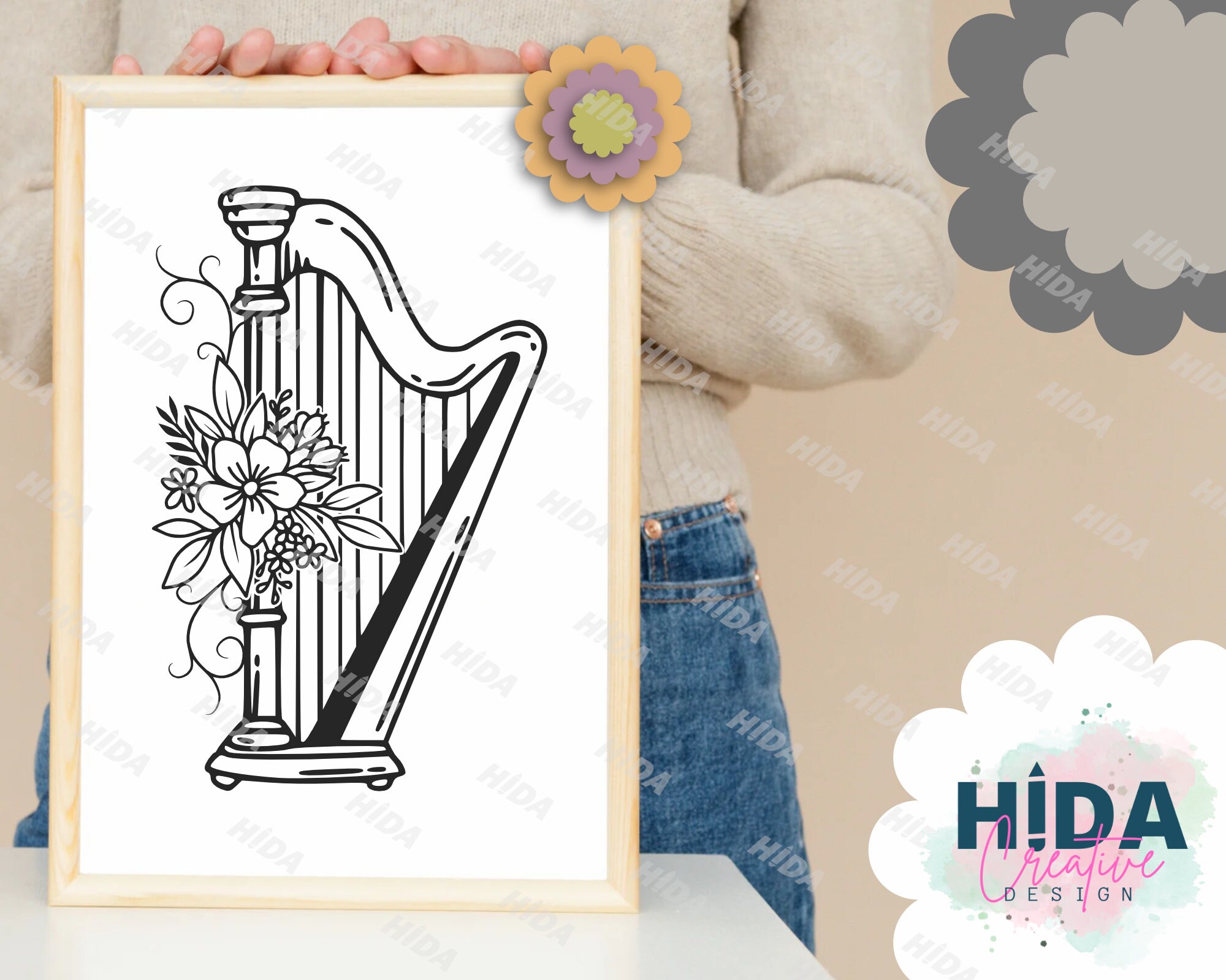 Harp SVG File Floral Harp Svg Flower Harp Svg Cut File Harp - Etsy