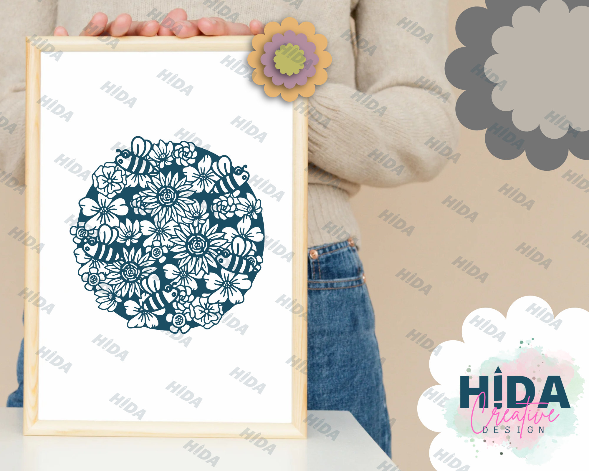 Floral Circle SVG Rounded Flower With Bee Svg Pillow Design - Etsy