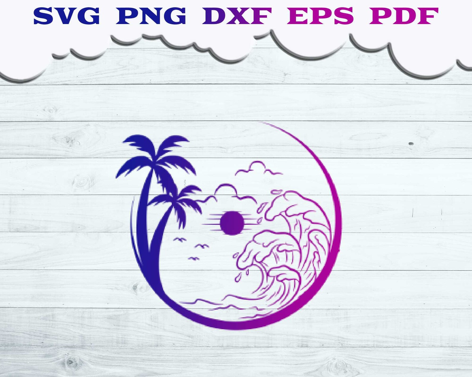 Wave SVG File, Wave Summer Scene Svg, Wave With Half Moon Svg, Wave Cut ...