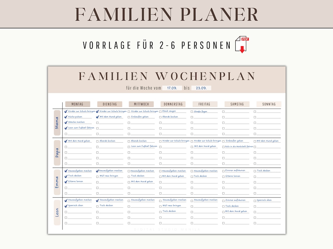 Familienplaner | Wochenplaner für Familie zum Ausdrucken | Wochenplan für Familie Wochen ...