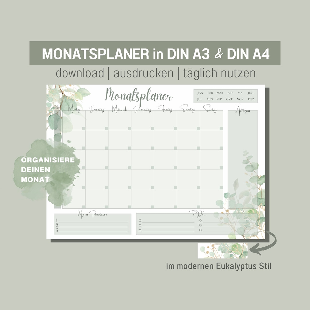 Monatsplaner DIN A3 und A4 To-Do Liste Prioritäten digitaler DOWNLOAD ...
