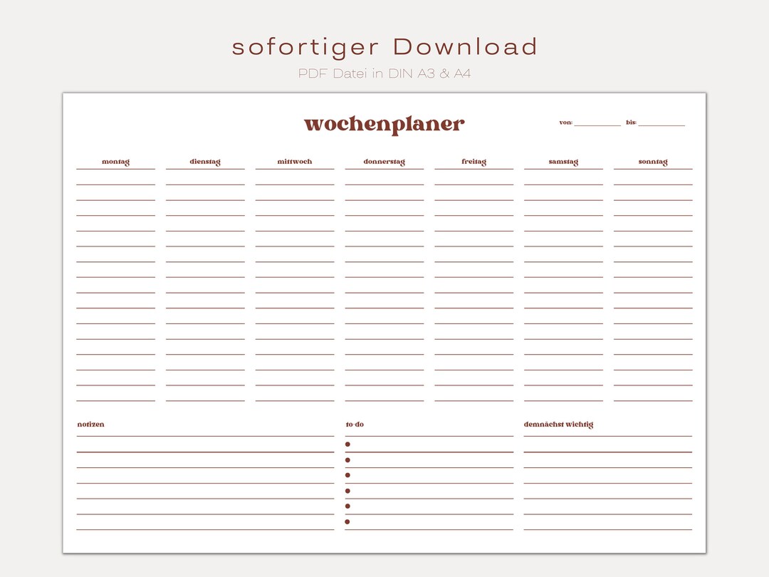Retro Weekly Schedule in Minimal Style | Digital Instant Download ...