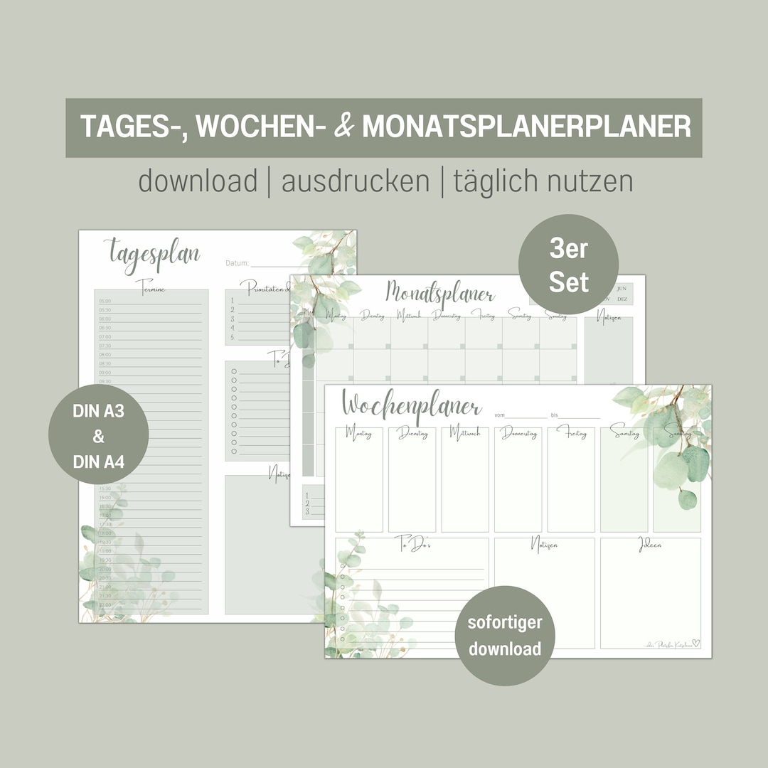 Monatsplaner Wochenplaner Tagesplaner DIN A3 und A4 Planer Prioritäten ...