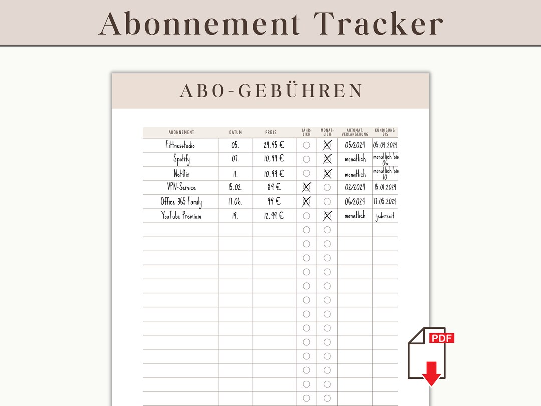 Subscription Tracker Insert Budget Planner | Subscription Fee Tracker ...