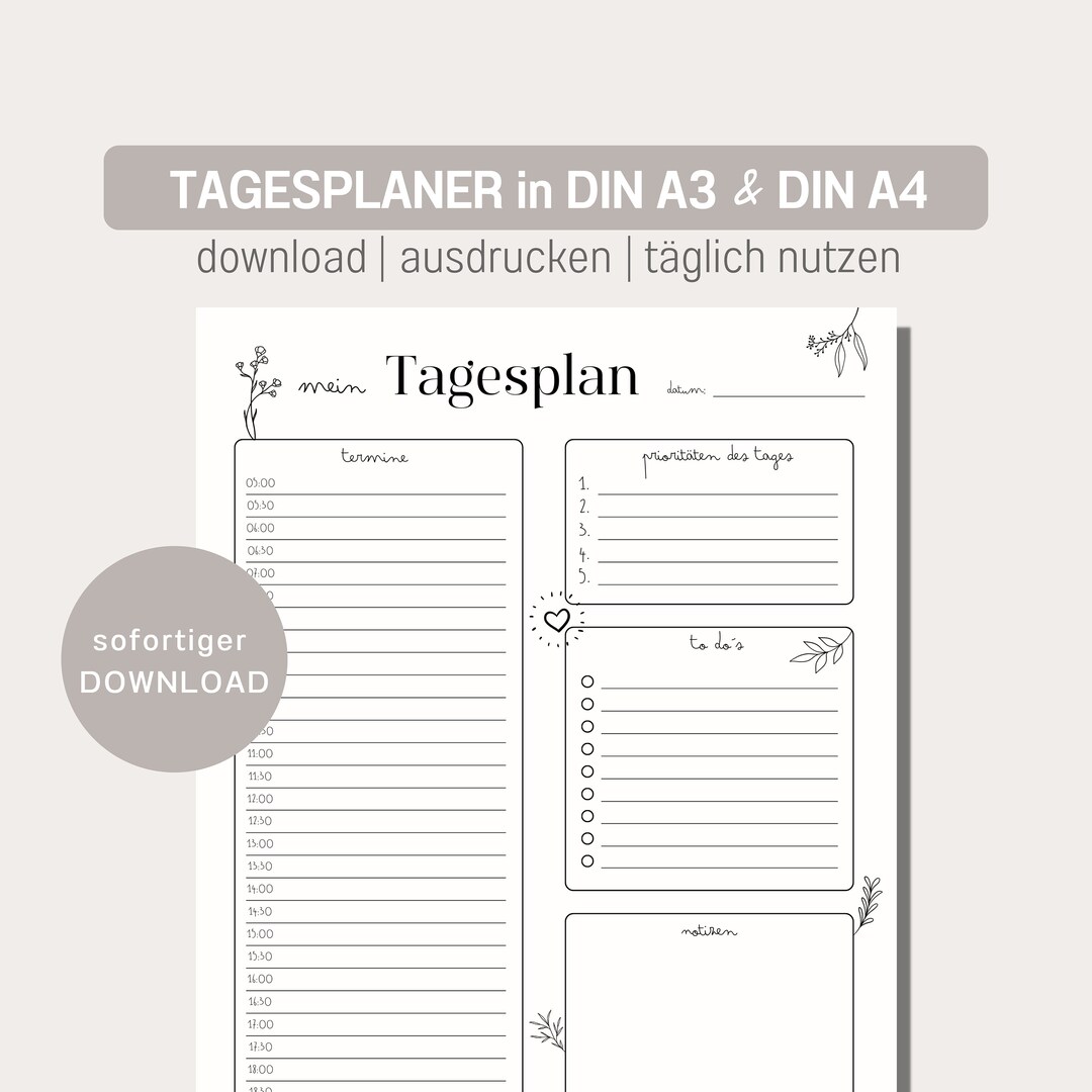 Daily Planner DIN A3 and A4 | Home Office | To-do List Simple | DIGITAL ...