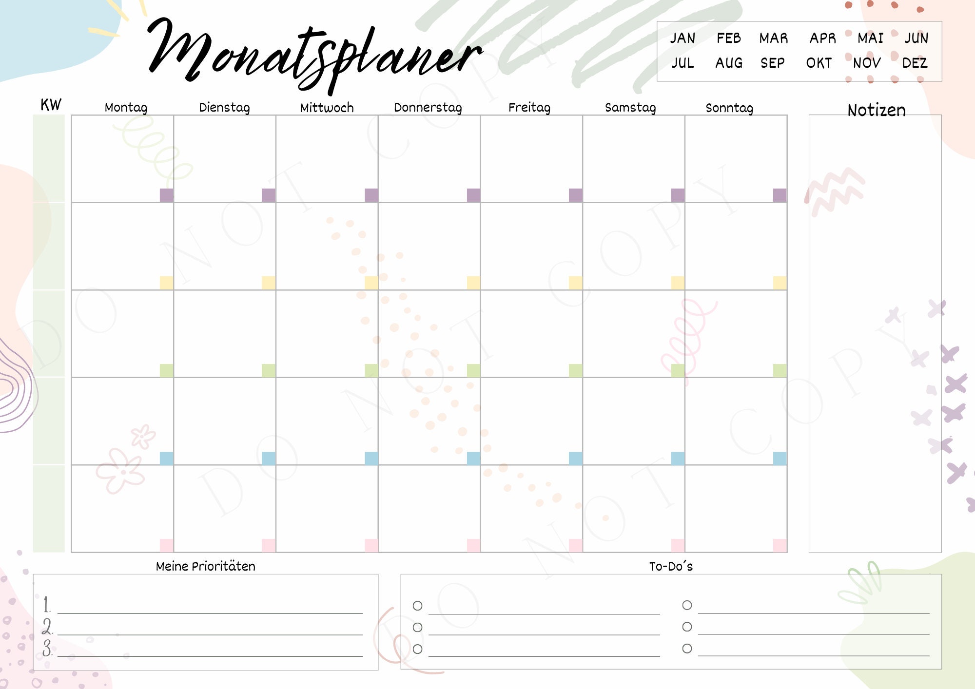Monatsplaner Wochenplaner Tagesplaner | digital zum Ausdrucken in DIN ...