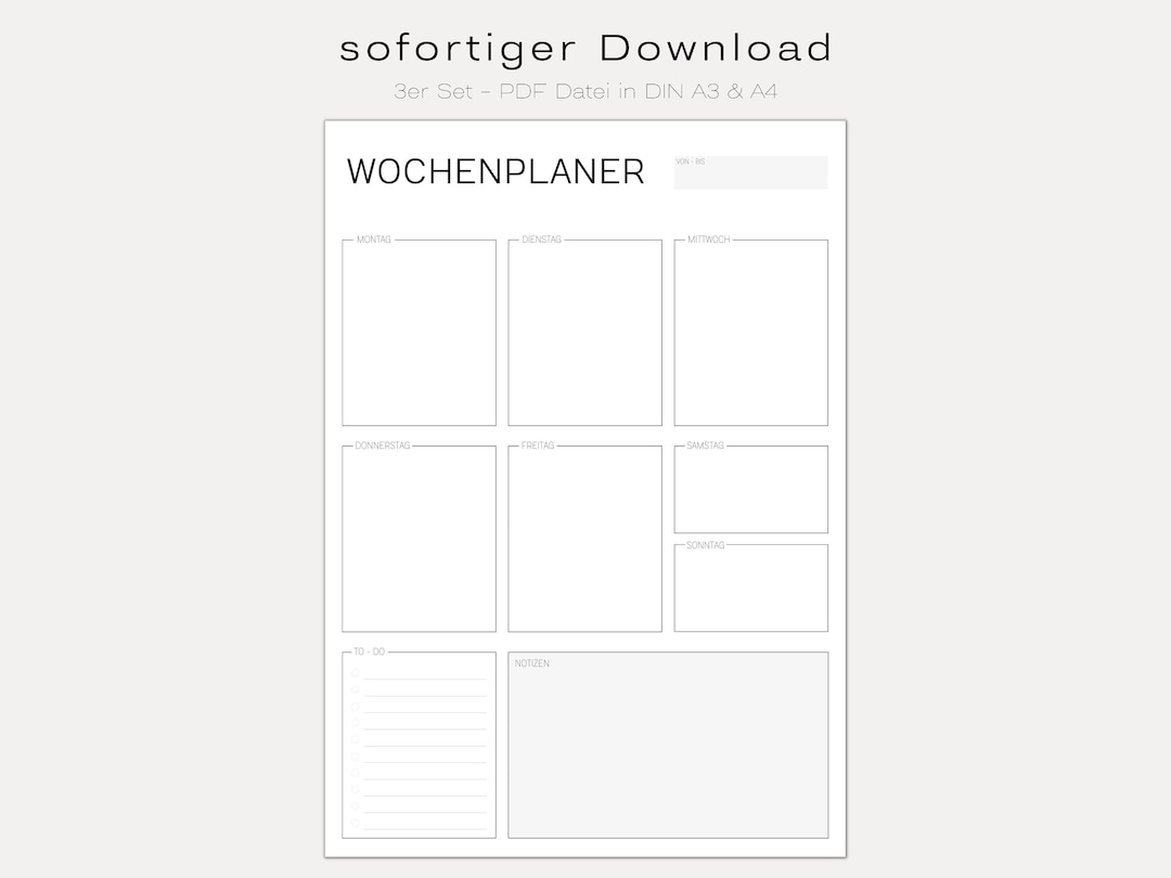 Wochenplaner DIN A3 und A4 | Home Office | To-Do Liste | digitaler ...