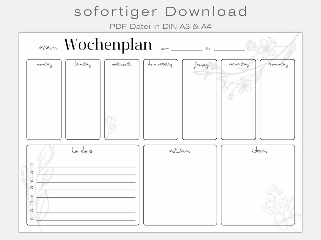 Wochenplaner DIN A3 und A4 | Home Office | To-Do Liste schlicht ...