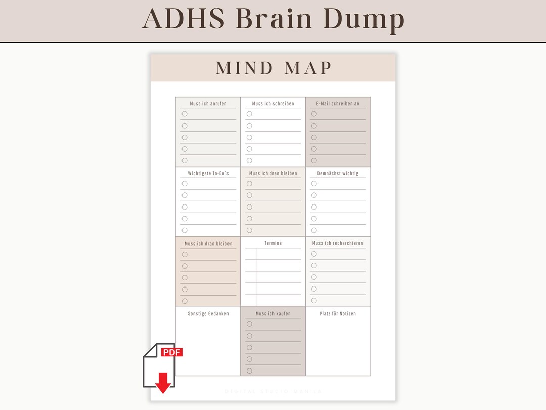 Brain Dump Mind Map PDF for Printing | ADHD Planner Template A4 ...
