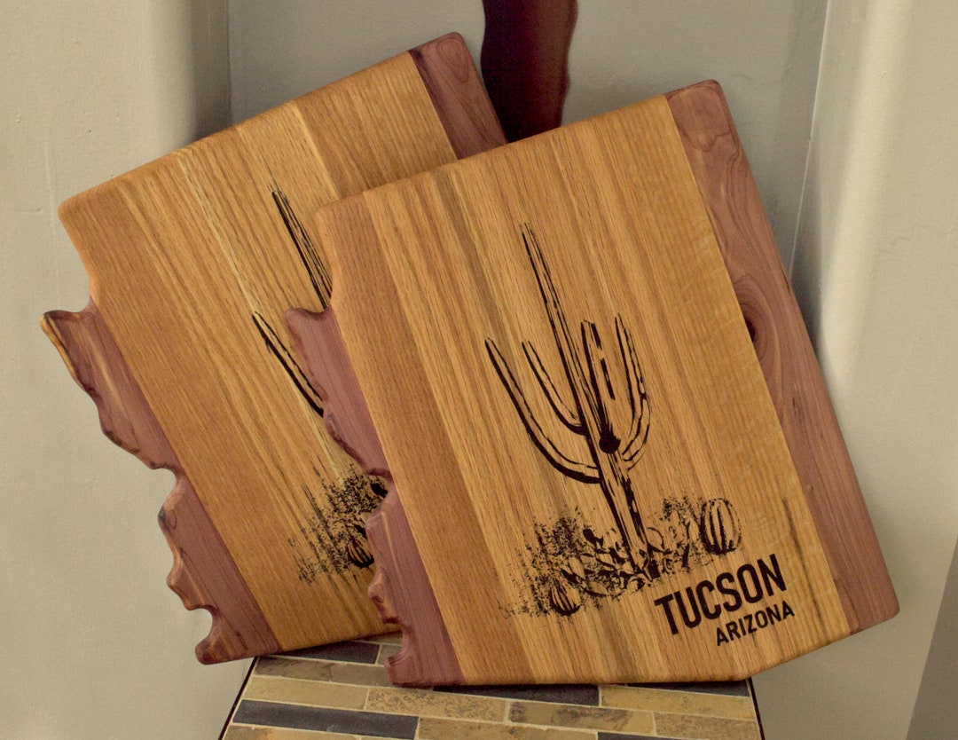 Handcrafted Arizona Shaped Red Oak Cutting Board With Saguaro Epoxy ...