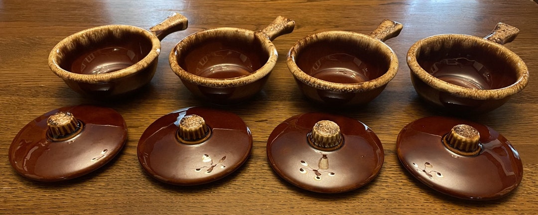 Set of 4 Crock Bowls With Lids Hull Pottery Brown Drip - Etsy