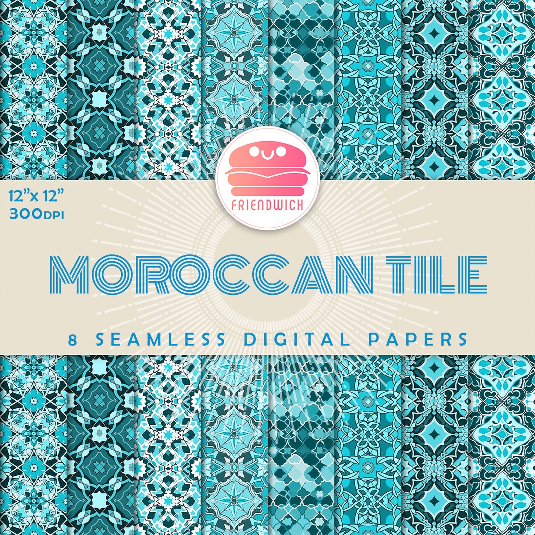 Moroccan Blue Tile Digital Paper, Aqua Ornamental Scrapbook Paper ...