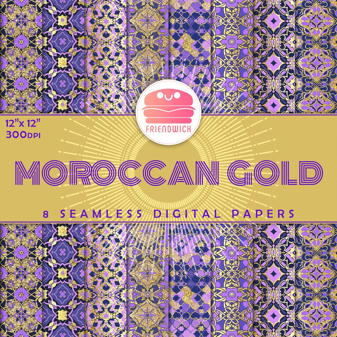 Moroccan Gold and Purple Tile Digital Paper, Shiny Ornamental Scrapbook ...