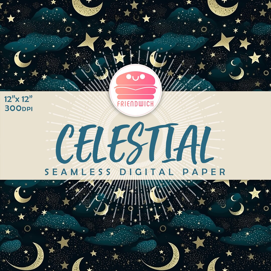 Celestial Digital Paper, Blue Gradient, Star Moon Paper, Blue Green ...