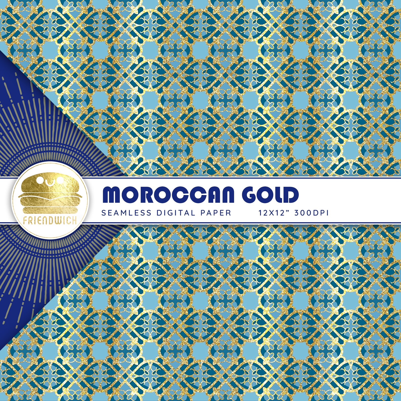 Moroccan Gold and Blue Tile Digital Paper, Shiny Ornamental Scrapbook ...