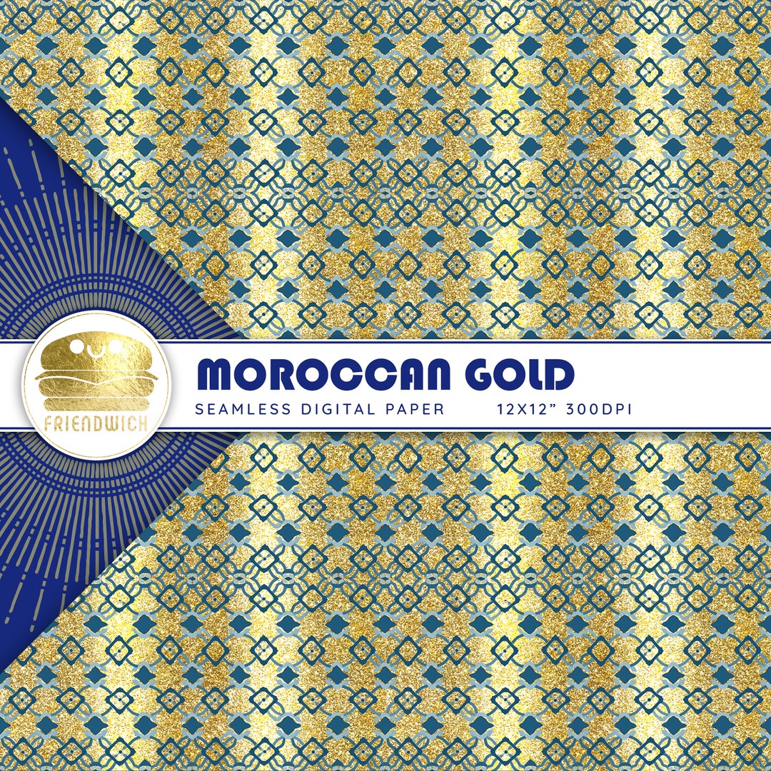 Moroccan Gold and Blue Tile Digital Paper, Shiny Ornamental Scrapbook ...