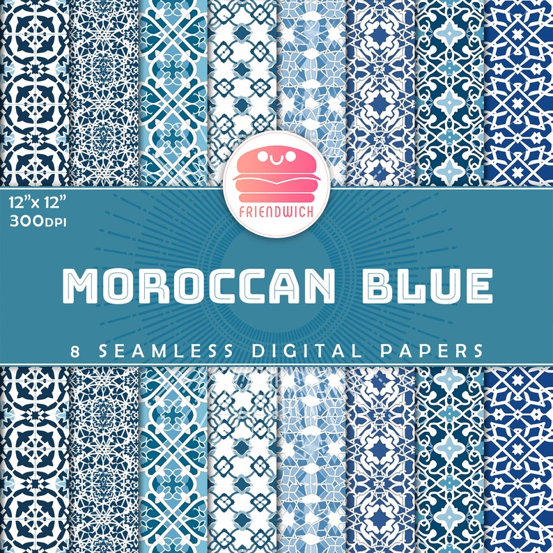 Moroccan Blue and White Tile Digital Paper, Aqua Ornamental Scrapbook ...