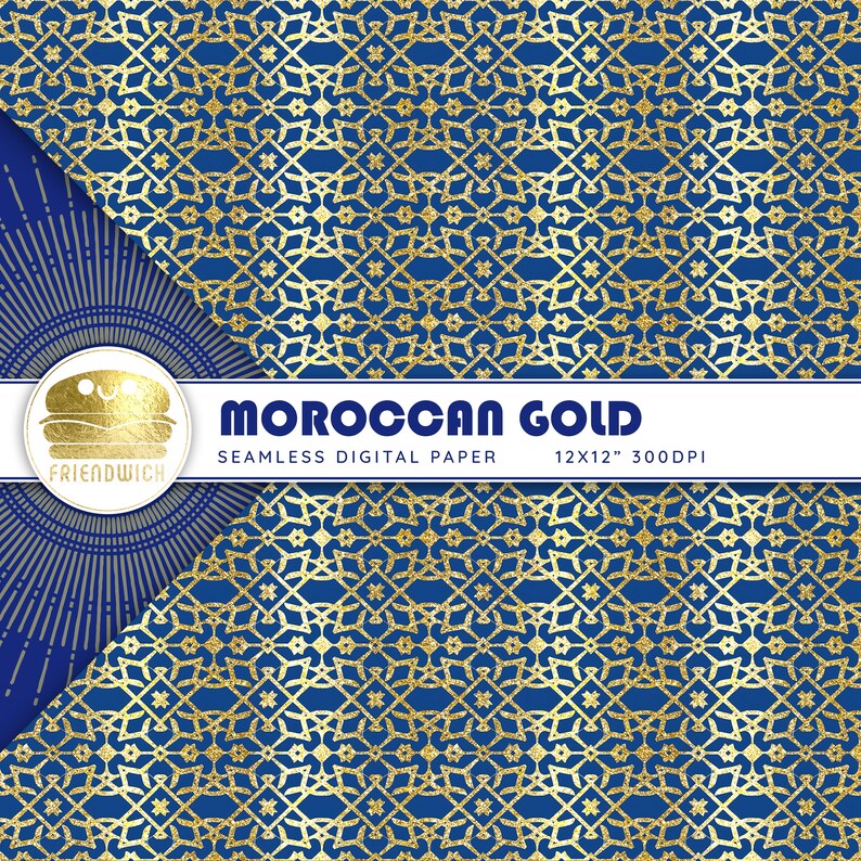 Moroccan Gold and Blue Tile Digital Paper, Shiny Ornamental Scrapbook ...