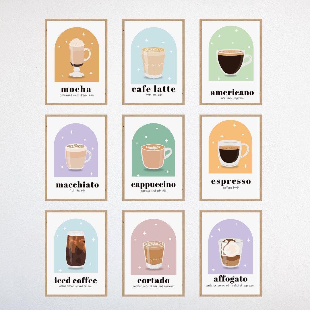 Coffee Bar Art Set of 9 | Coffee Shop Wall Prints | Printable Coffee ...