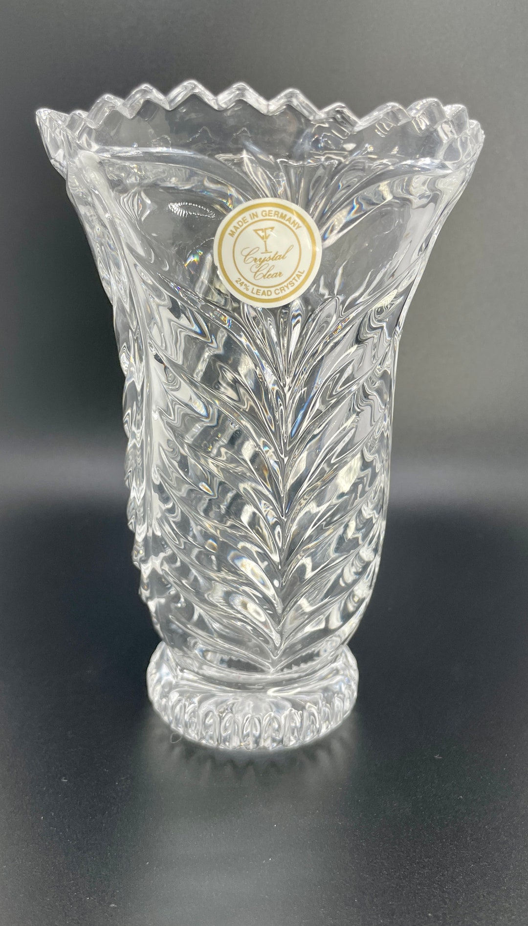 Lead Crystal 24% Vase 6” Footed Cut Glass Braided Pattern Jagged Edge ...