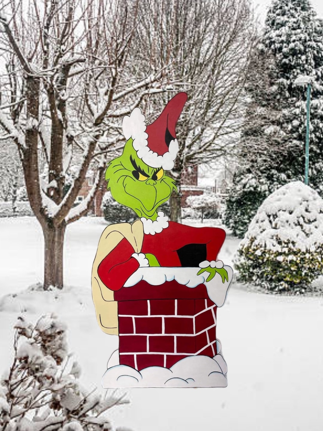 Hand Painted Wooden Yard Art Christmas Grinch Chimney Stealing ...