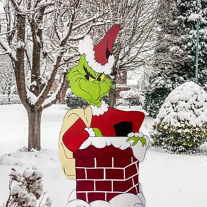Hand Painted Wooden Yard Art Christmas Grinch Chimney Stealing ...
